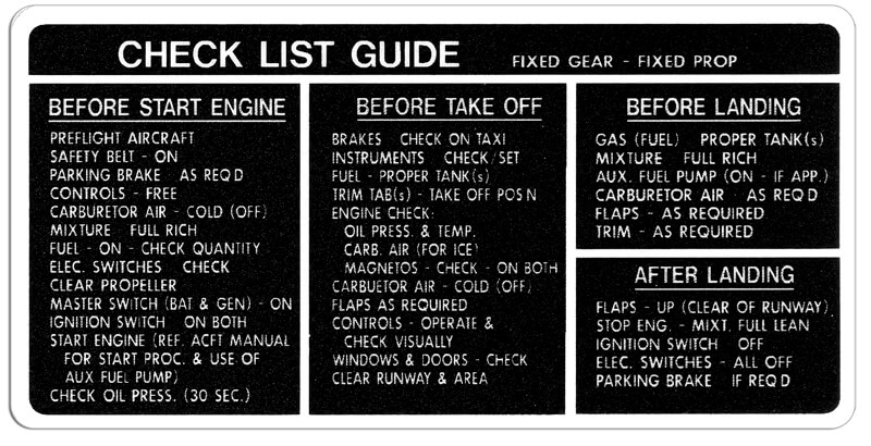 Fixed Gear Fixed Prop Checklist Placard | Aircraft Spruce