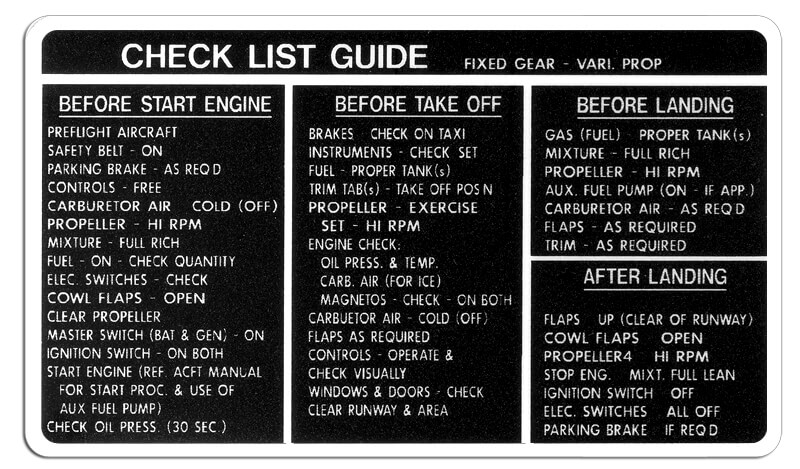 Fixed Gear Variable Prop Checklist Placard | Aircraft Spruce
