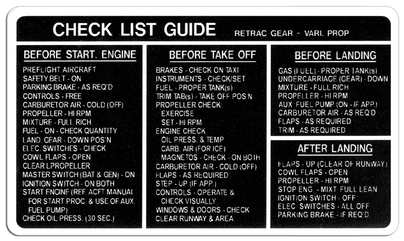 Retractable Gear Variable Prop Checklist Placard | Aircraft Spruce