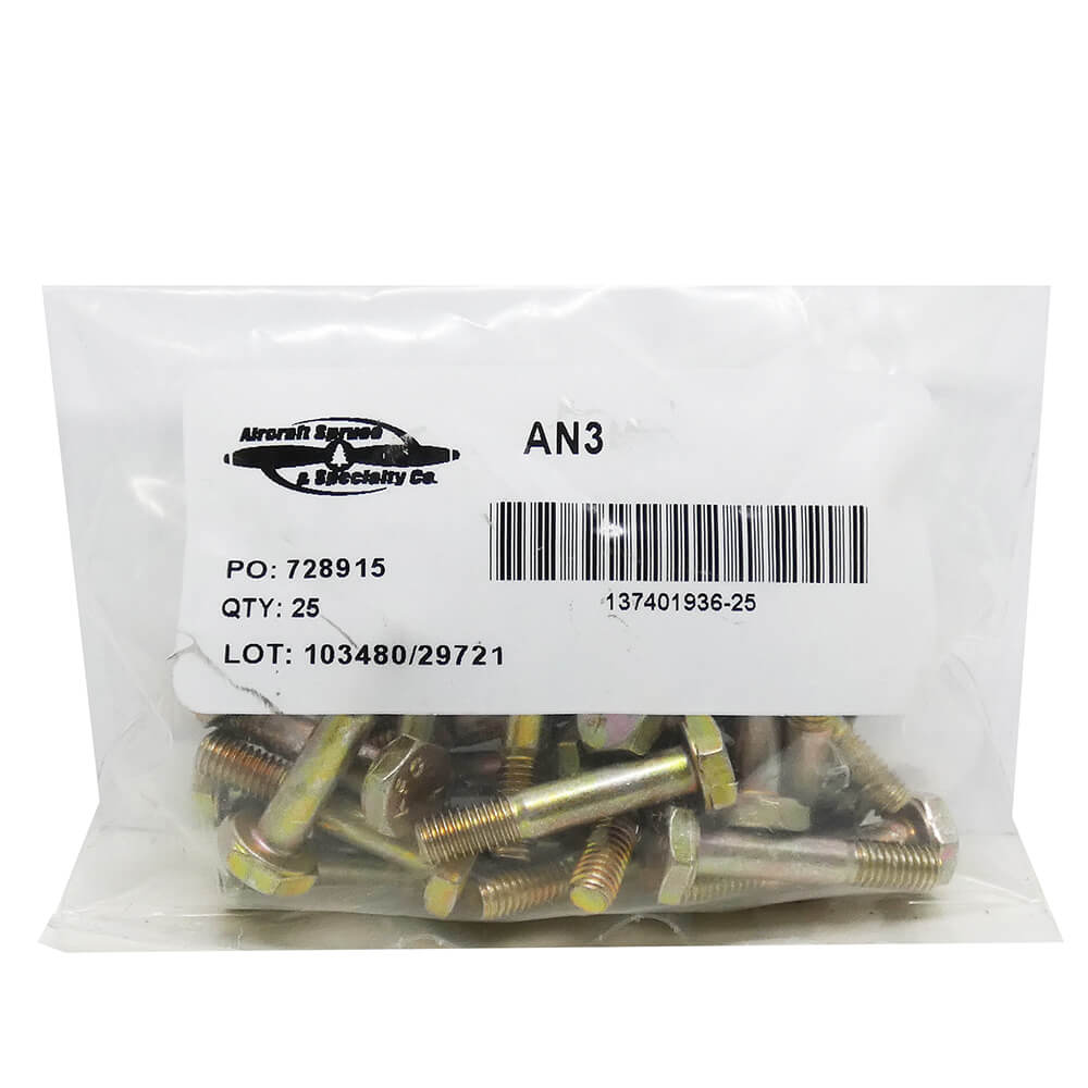 Bolt Undrilled AN3-5A (Pack Of 25) | Aircraft Spruce